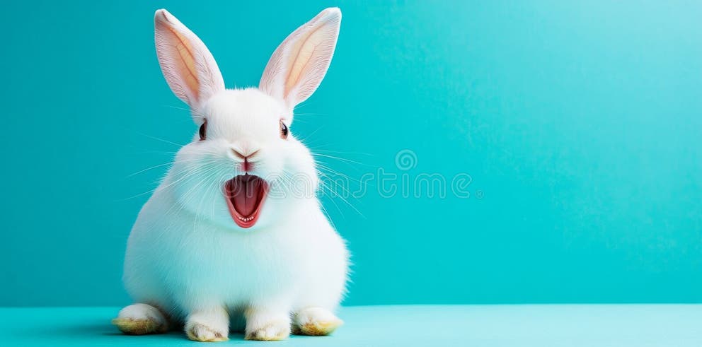 A Cute White Bunny or Rabbit, Smiling and Laughing, Isolated with Space ...