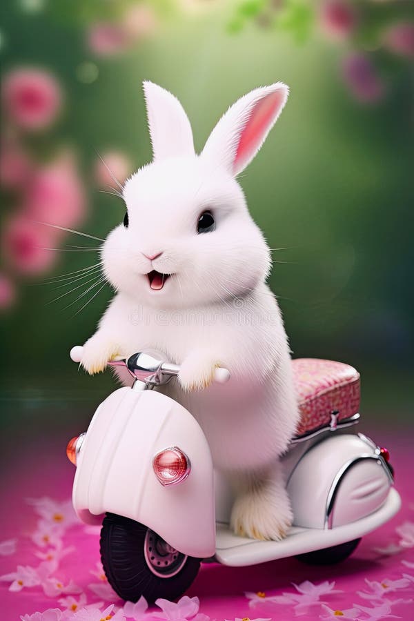 Cute White Bunny on a Scooter, Generative Ai Stock Illustration ...