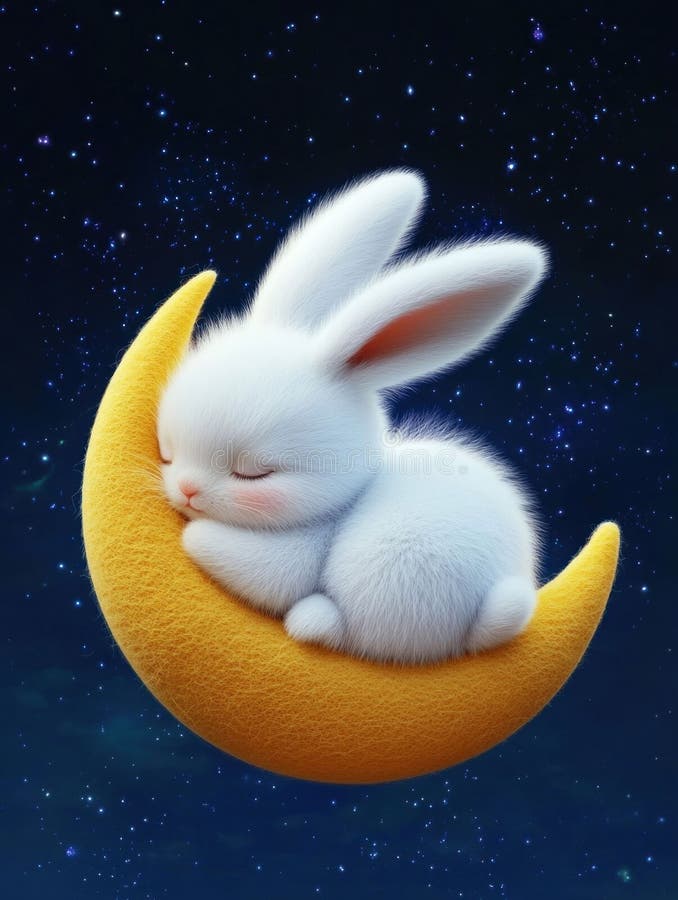 Cute White Bunny Sleeping on Crescent Moon in Starry Sky. Generative Ai ...