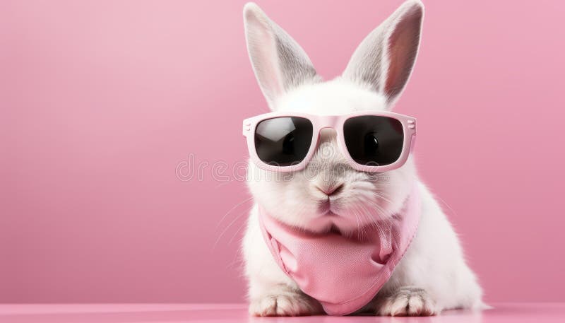 Cute White Bunny with Sunglasses on Bright Solid Color Background ...