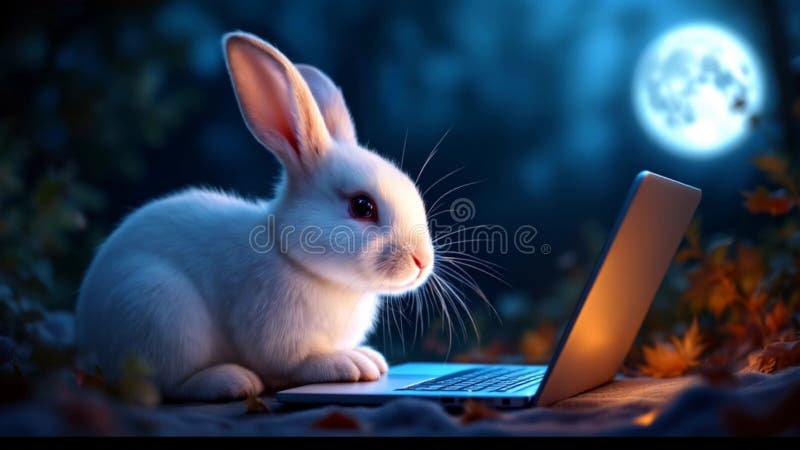 Adorable Bunny on Laptop Under the Moonlight Stock Video - Video of ...