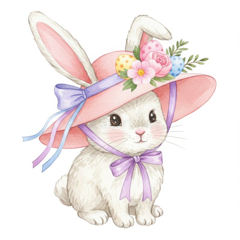 Cute White Bunny Wearing Pink Flower Hat Stock Illustration ...