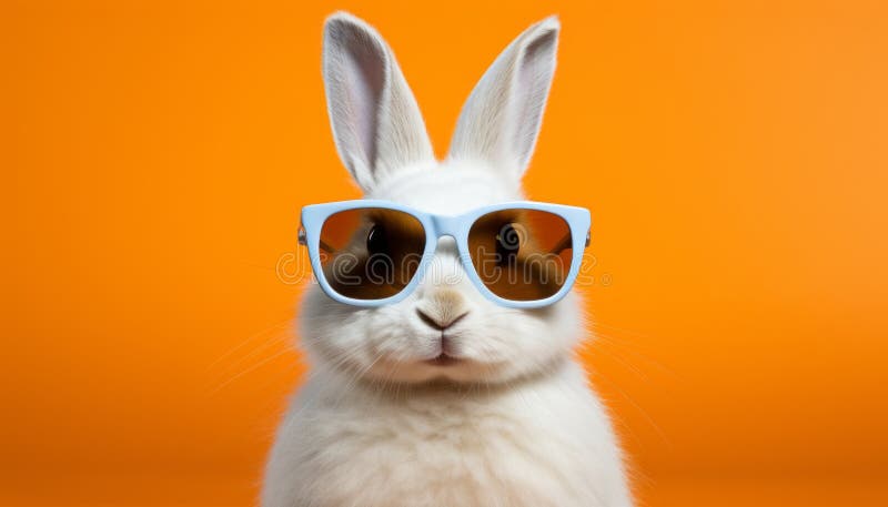 Cute White Bunny Wearing Sunglasses on Bright Solid Color Background ...