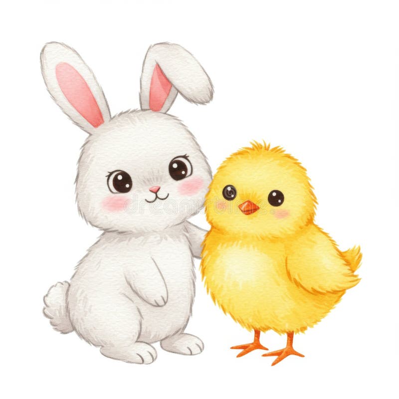 Cute White Bunny and Yellow Chick Illustration Stock Illustration ...