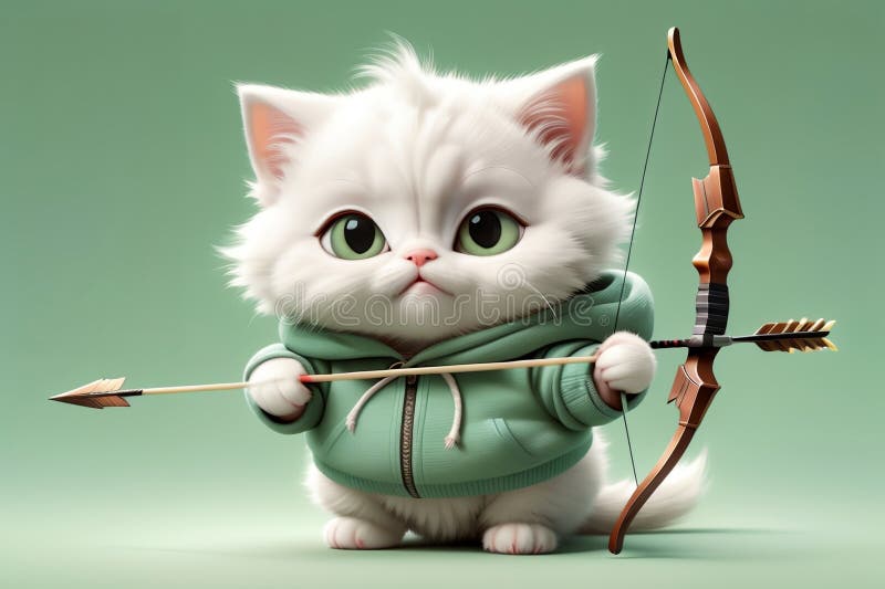 Cute White Cat with Bow and Arrow Stock Photo - Image of athletics ...