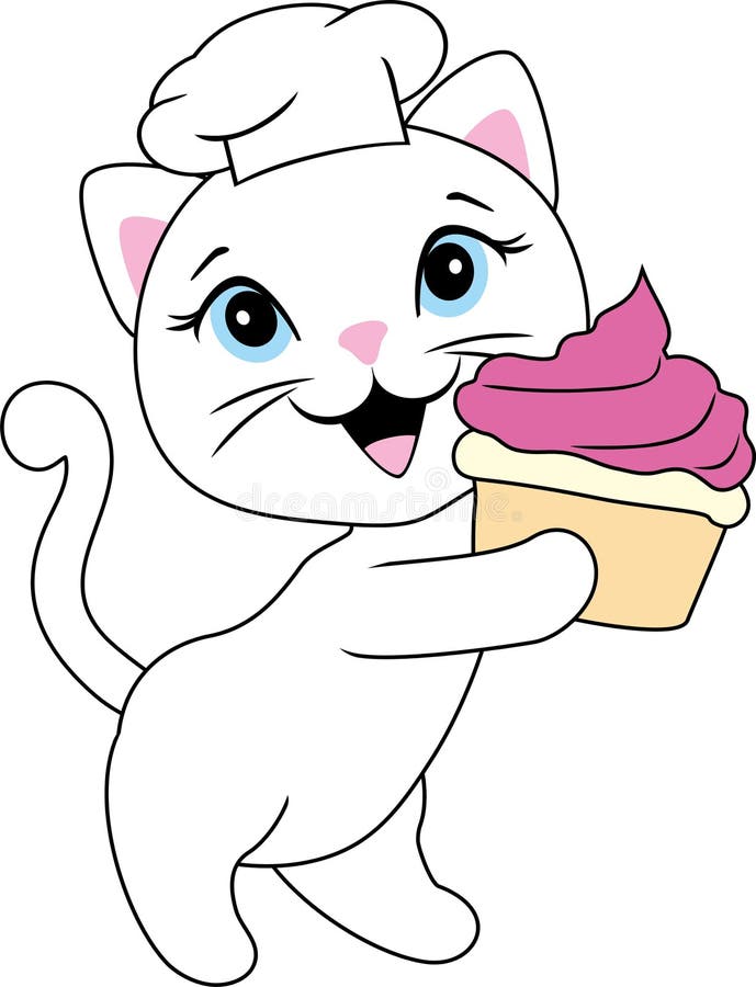 Cute White Cat Carries a Cupcake Stock Vector - Illustration of baker ...