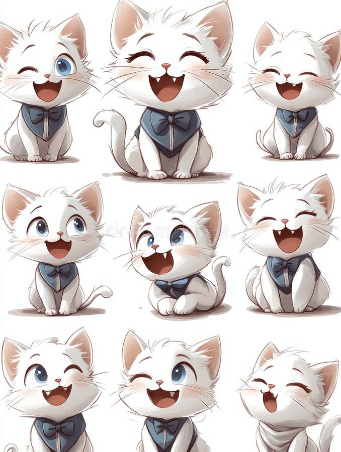 Cute White Cat Illustration with Different Expressions Stock ...