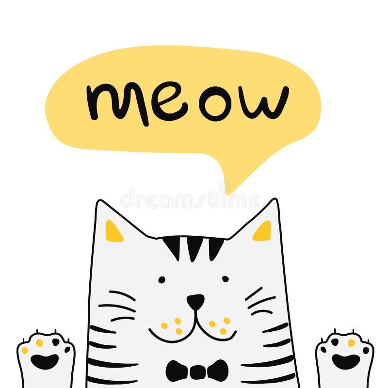 Cute White Cat with Lettering Word Meow. Vector Illustration Stock ...