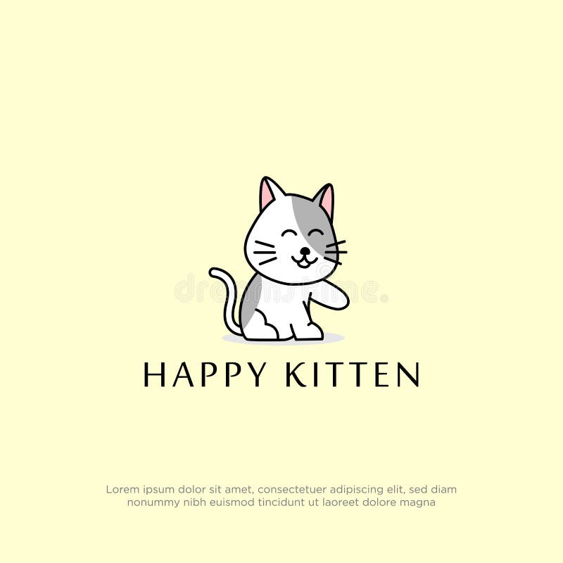 Cute White Cat Logo Design with Cartoon Style, Happy Kitten Logo Design ...