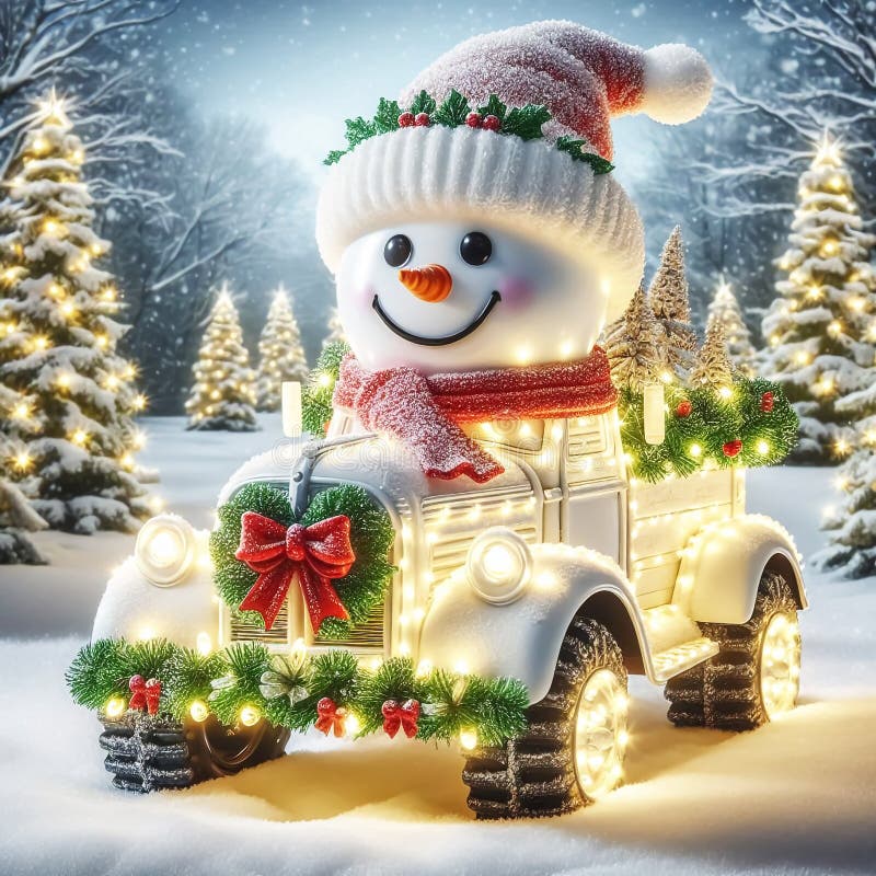 Cute White Christmas Car Lit Up in Forest with a Snowman Stock ...