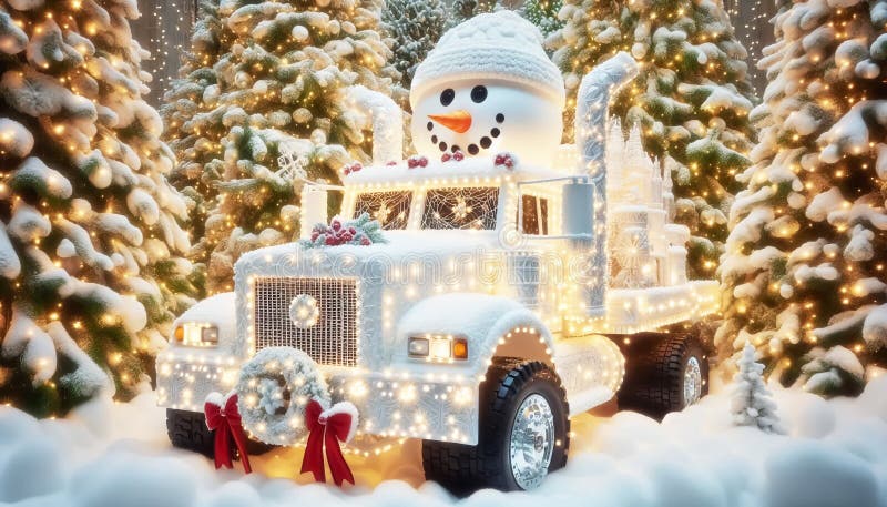 Cute White Christmas Car Lit Up in Forest with a Snowman Stock ...