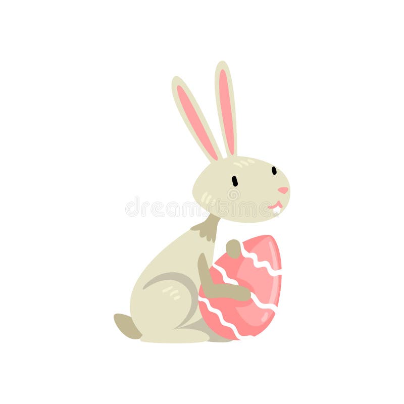 Cute White Easter Bunny with Colored Egg, Funny Rabbit Cartoon ...