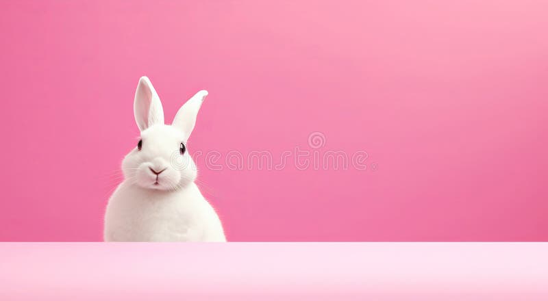 Cute White Easter Bunny on a Pink Background Close-up. Copy Space Stock ...