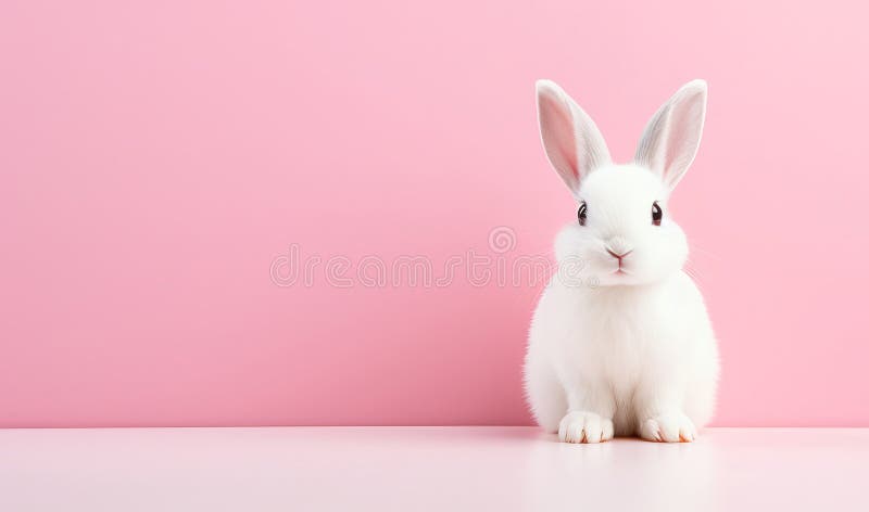 Cute White Easter Bunny on Pink Background Close Up. Copy Space Stock ...