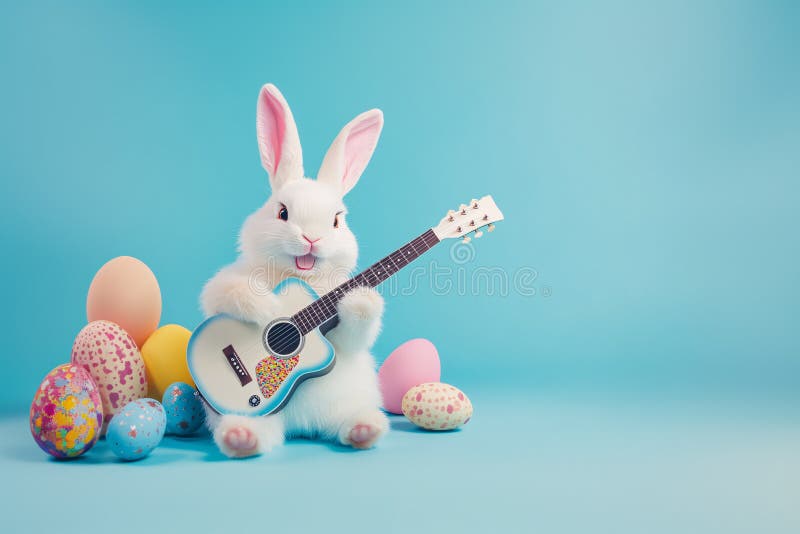 Cute White Easter Bunny Playing a Guitar Surrounded by Easter Eggs on ...