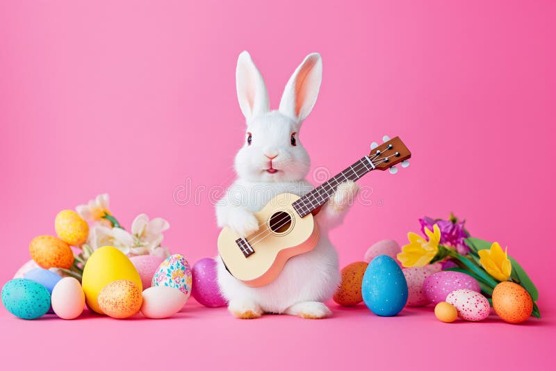 Cute White Easter Bunny Playing a Guitar Surrounded by Easter Eggs on ...