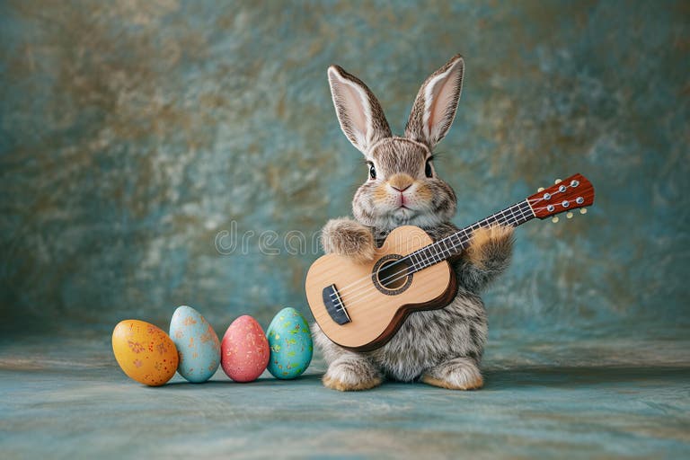 Cute White Easter Bunny Playing a Guitar Surrounded by Easter Eggs ...