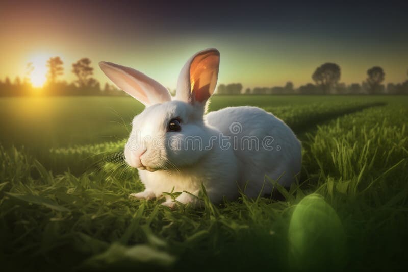 Cute White Easter Bunny Rabbit Sitting in the Grass Field - Generative ...