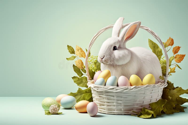 Cute White Easter Bunny Sitting in a Basket with Easter Eggs ...