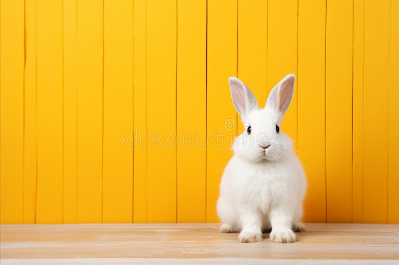 Cute White Easter Bunny Sitting in Front of Bright Yellow Wall, Easter ...