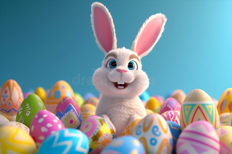 A Cute White Easter Bunny is Surrounded by Colorful Holiday Eggs ...