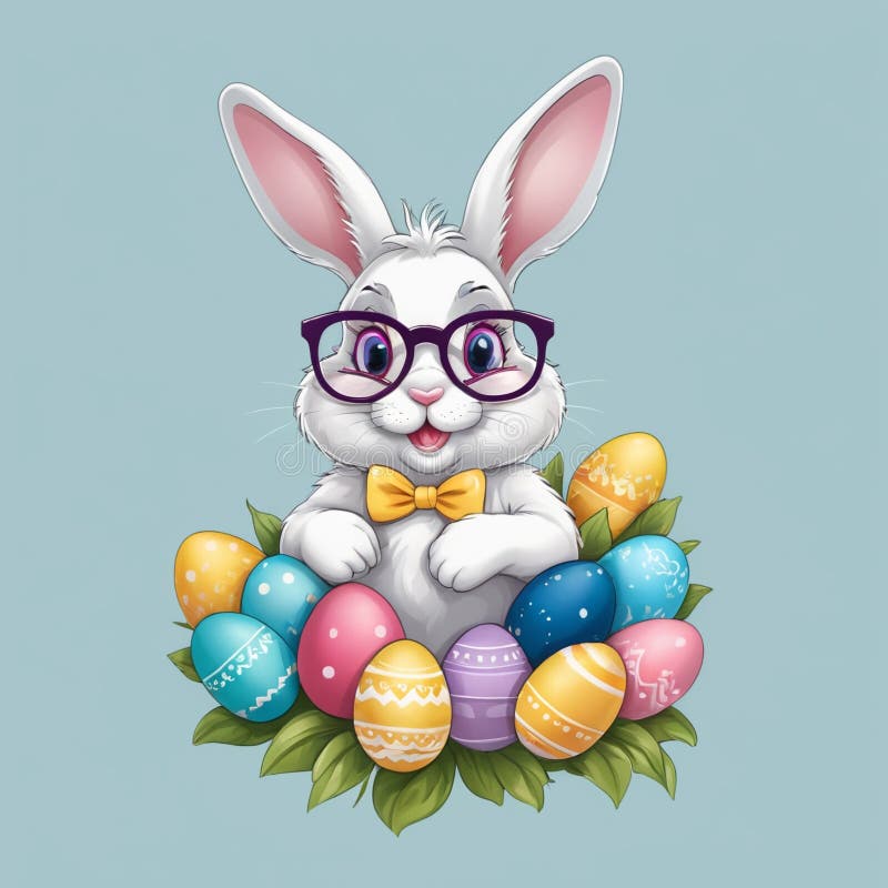 A Cute White Easter Bunny Wearing Glasses is in a Nest of Easter Eggs ...
