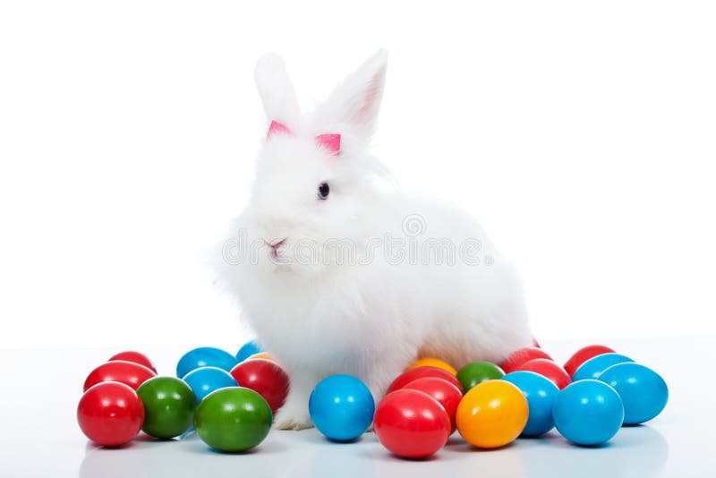 Cute White Rabbit with Colorful Easter Eggs in Magician Hat Stock Image ...