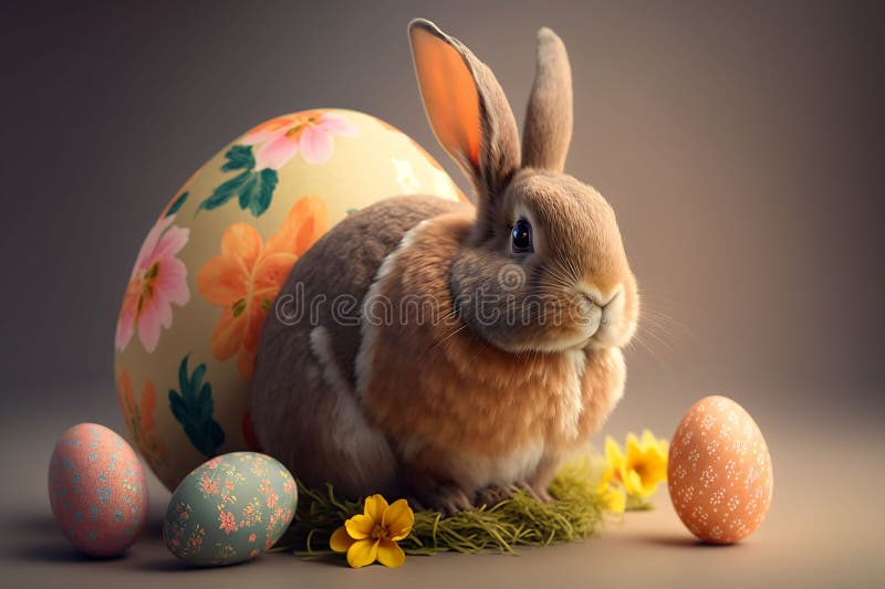 Cute White Easter Egg Bunny Surrounded by Easter Eggs with Copy Space ...