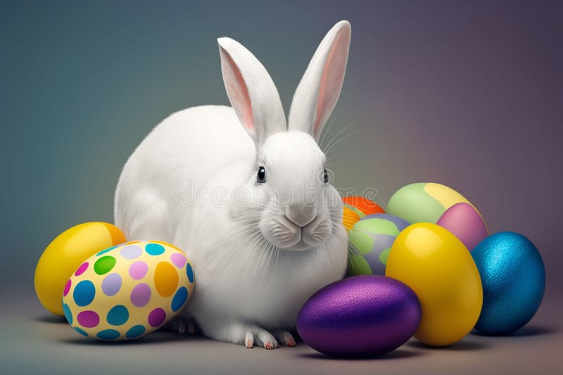 Cute White Easter Egg Bunny Surrounded by Easter Eggs with Copy Space ...