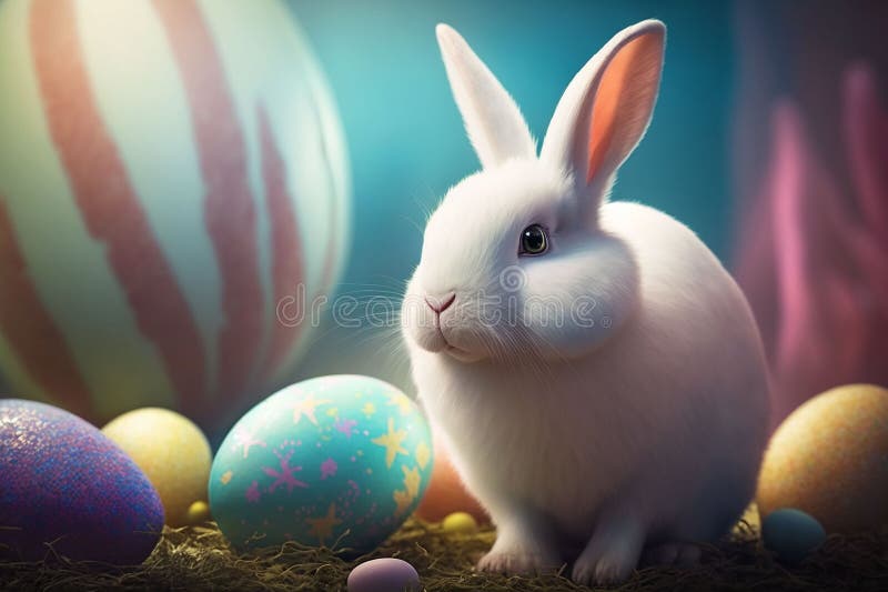 Cute White Easter Egg Bunny Surrounded by Easter Eggs with Copy Space ...