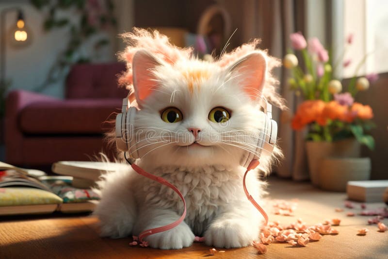 Cute White Fairy Tale Cat in Headphones Stock Image - Image of cartoon ...