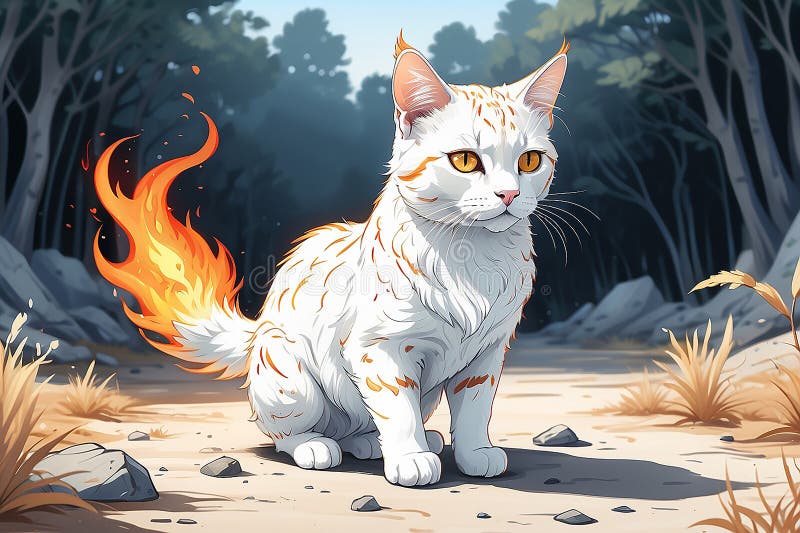 Cute White Fire Cat in the Mountain Stock Illustration - Illustration ...