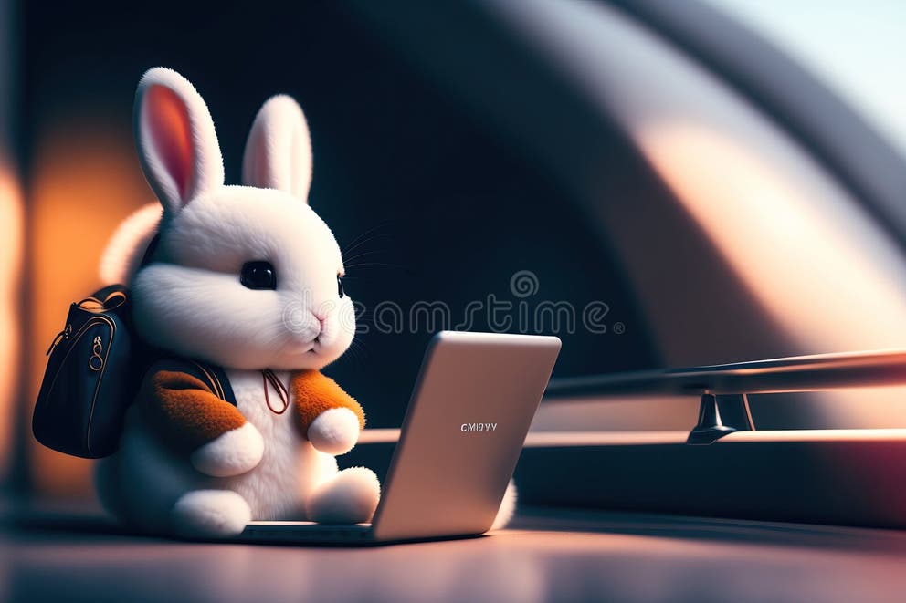 Cute White Fluffy Bunny Working on Laptop Stock Illustration ...