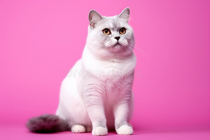 A Cute White Fluffy Cat Sits Against a Bright Pink Wall Stock ...