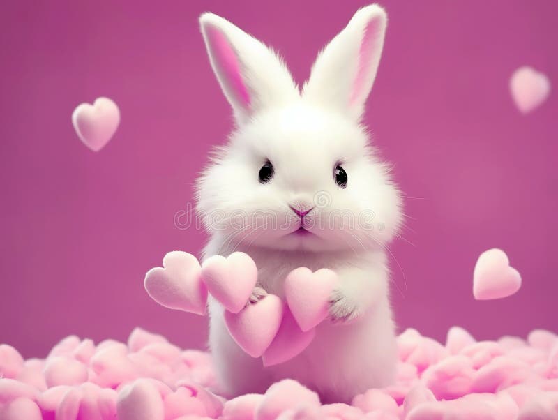 A Cute White Fluffy Rabbit with Long Ears Holds Pink Hearts Stock ...