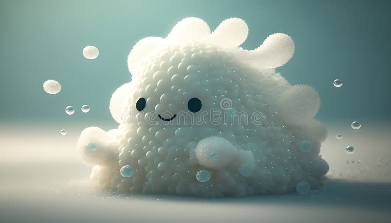Cute White Foam Creature, Surrounded by Reflective Bubbles Stock ...