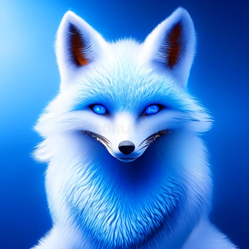 Cute White Fox with Blue Eyes on a Blue Background. 3d Rendering ...