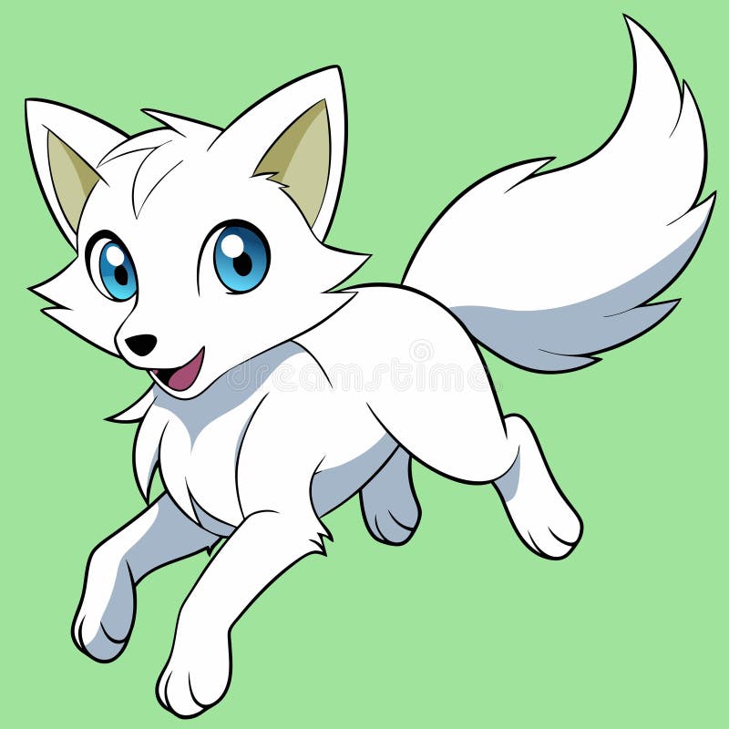 Cute White Fox. Playful Children S Illustration of a Fox Cub on a Green ...