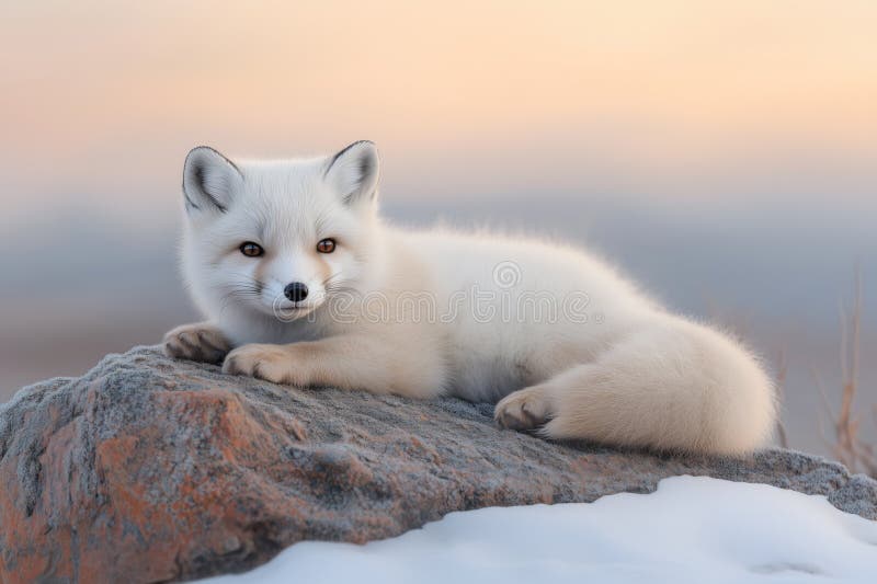Cute White Fox Sitting on the Rock in the Snow at Sunset Stock ...