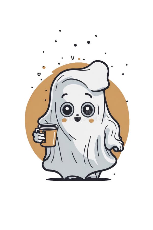White Ghost Graphic Kawaii Drinking Coffee Stock Illustration ...