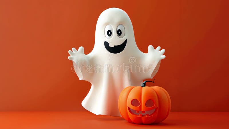 Cute White Ghost Holding a Small Jack-o -lantern, Waving with One Hand ...
