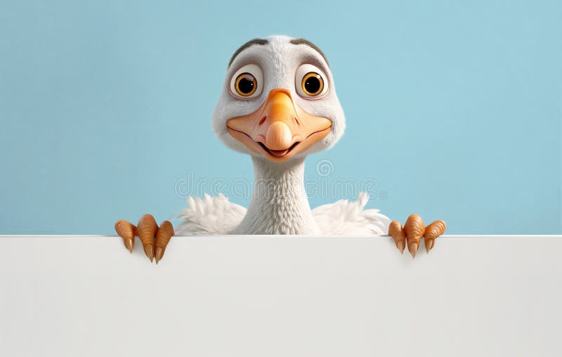 Cute White Goose Hanging Over a White Poster with Empty Space ...