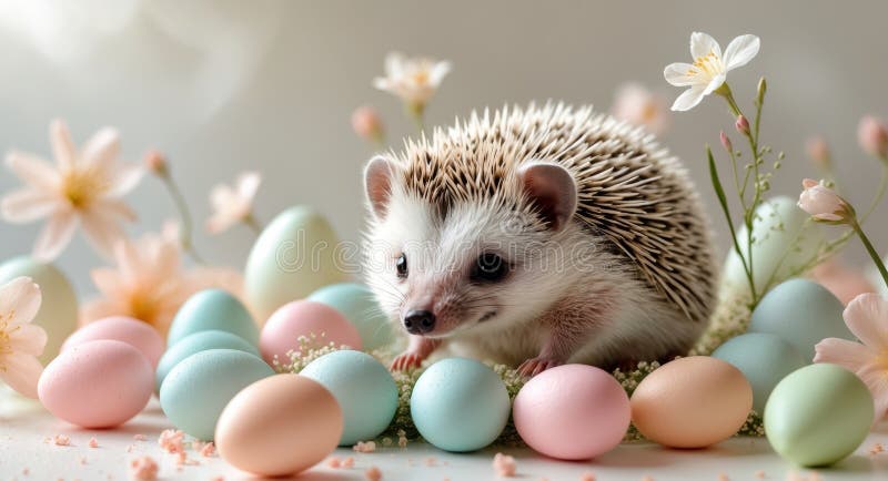 Cute White Hedgehog Surrounded by Pastel Colored Eggs in a Spring ...