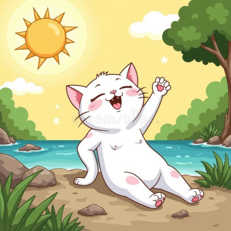 Cute White Kitten Lying in the Sun Stock Illustration - Illustration of ...