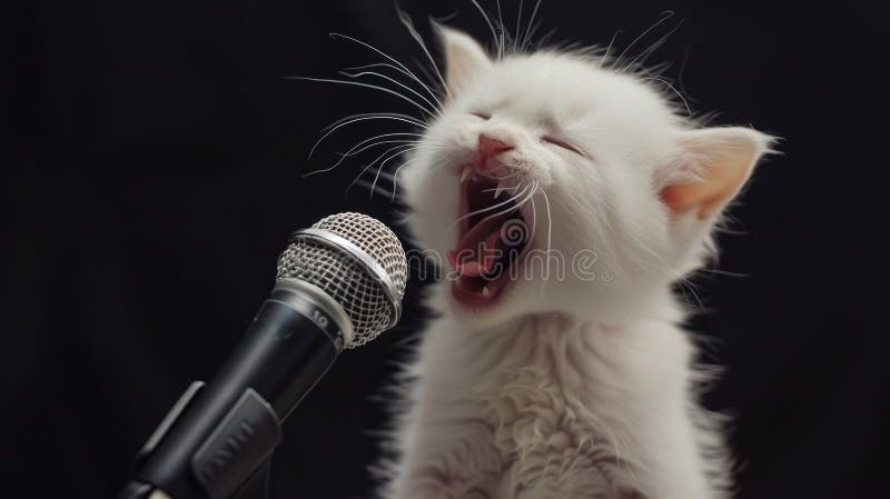 Adorable White Kitten Singing into a Microphone. Cute Animal Stock ...