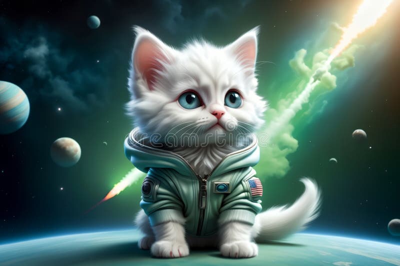 Cute White Kitten in Space, Explorer Stock Image - Image of cuteness ...