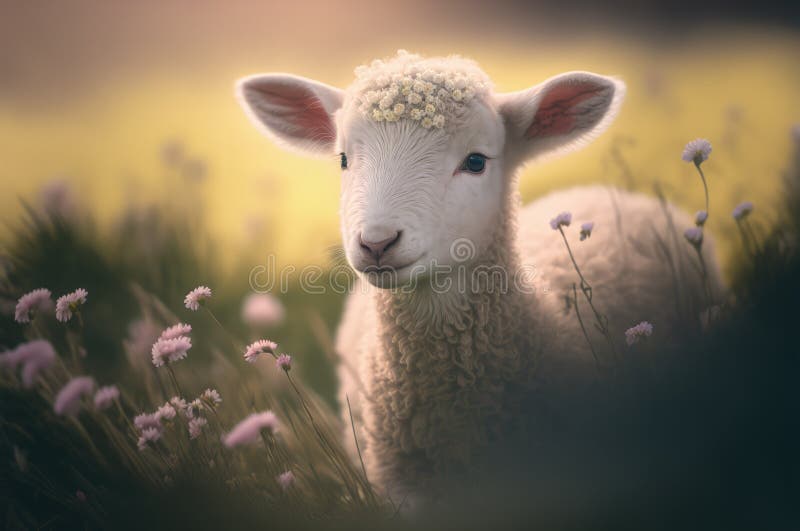 Cute white lamb in nature stock illustration. Illustration of pink ...