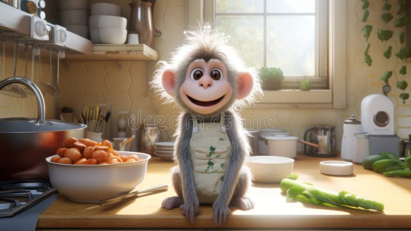 Cute White Monkey in Pixar Kitchen: Hyper-realistic Animation by ...