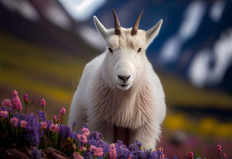 Cute White Mountain Goat among the Flowers on Top of the Rock. Stock ...