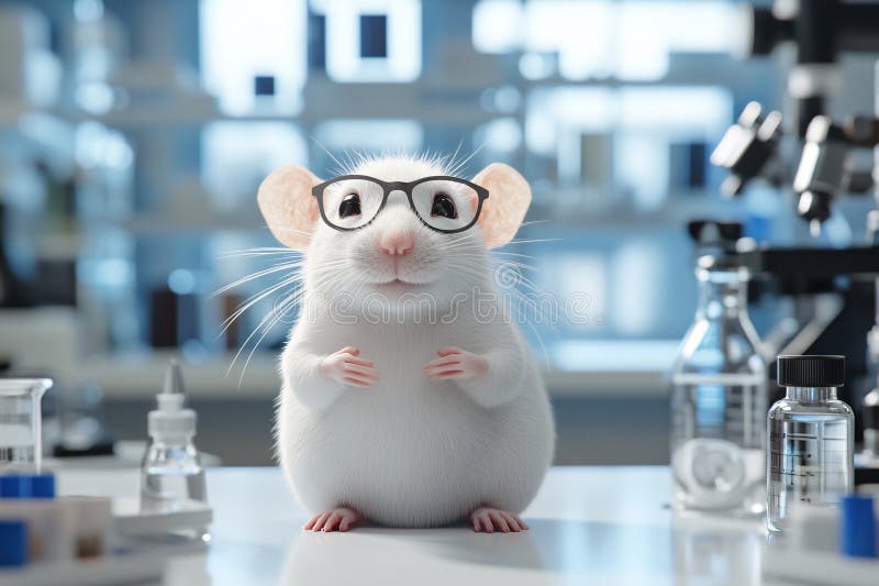 Cute White Mouse in Eyeglasses Sitting in Modern Lab Stock Illustration ...